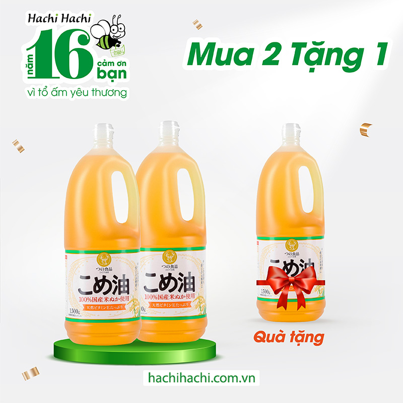 Combo mua 2 tặng 1 Dầu gạo Nhật Bản Tsuno nguyên chất 1500g (1636ml)